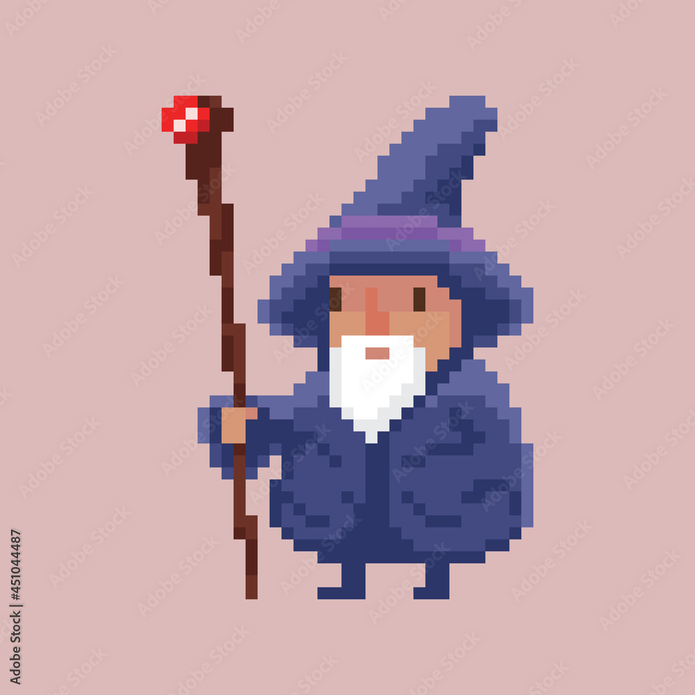 Pixel art retro design fantasy game character - bearded wizard with a ...