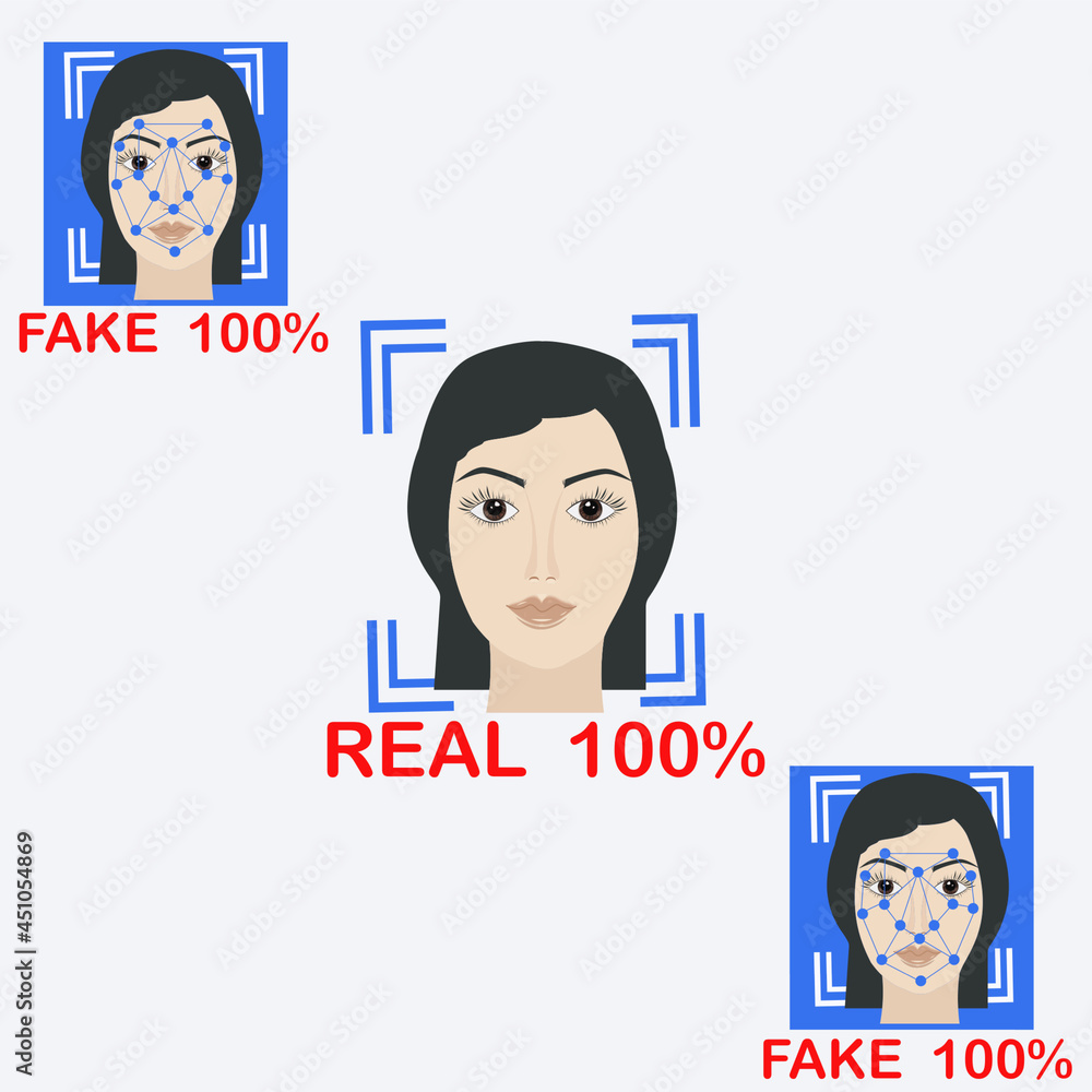 Images of real and fake faces - vector. Deepfake. Falsification. Fake ...