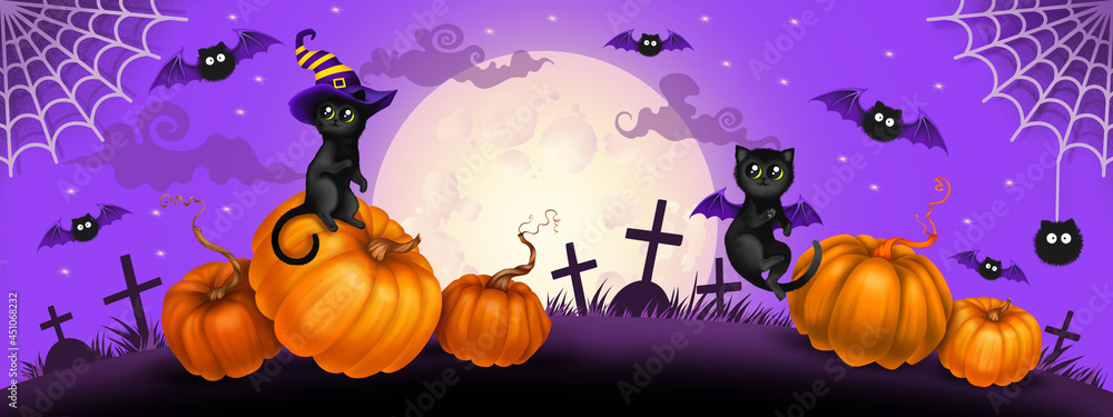 hand drawn black cats with bat wings wearing a witch hat, halloween ...