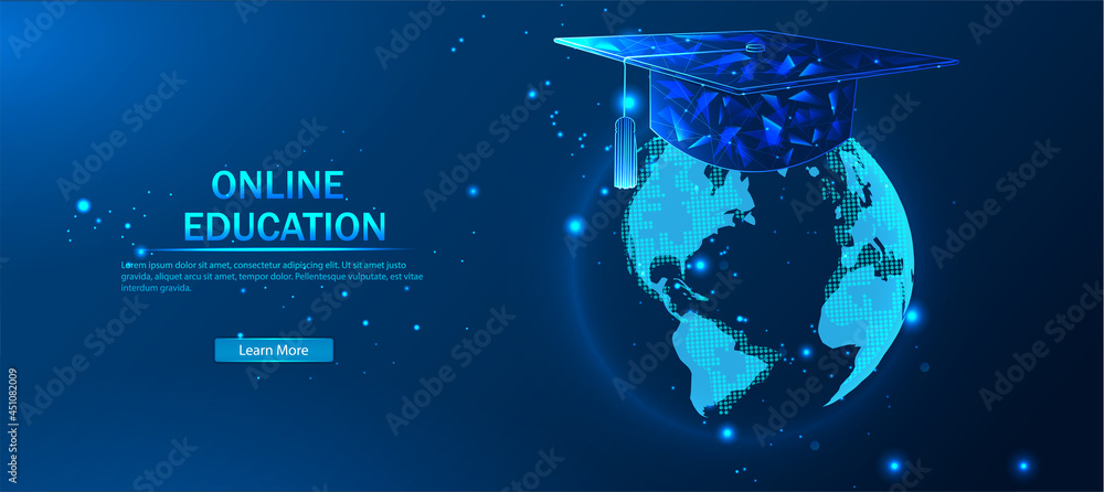 Digital vector illustration. A low-poly frame online educational blue ...