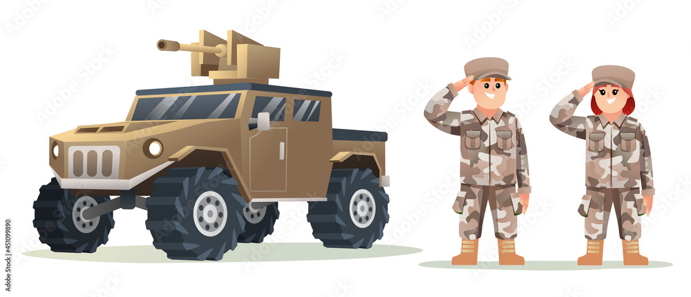 Cute little boy and girl army soldier characters with military vehicle ...