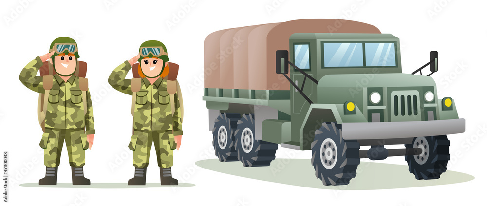 Cute boy and girl army soldier carrying backpack characters with ...