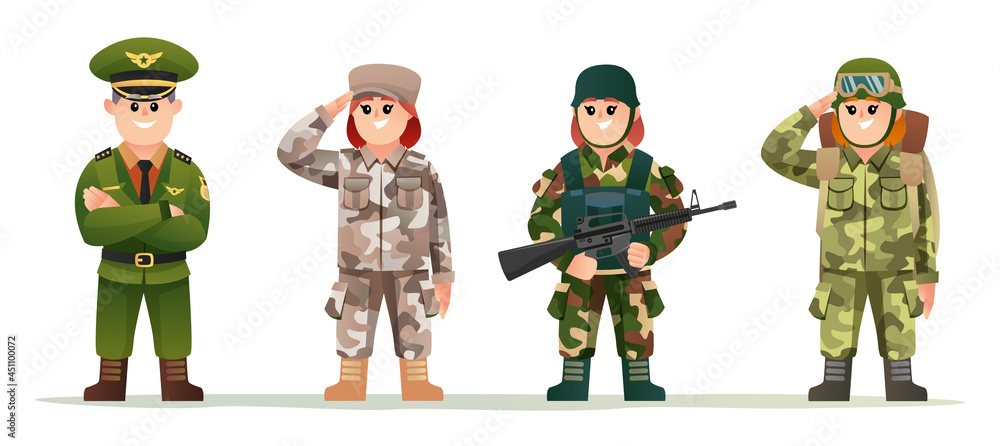 Cute little army captain with female soldiers in various camouflage ...