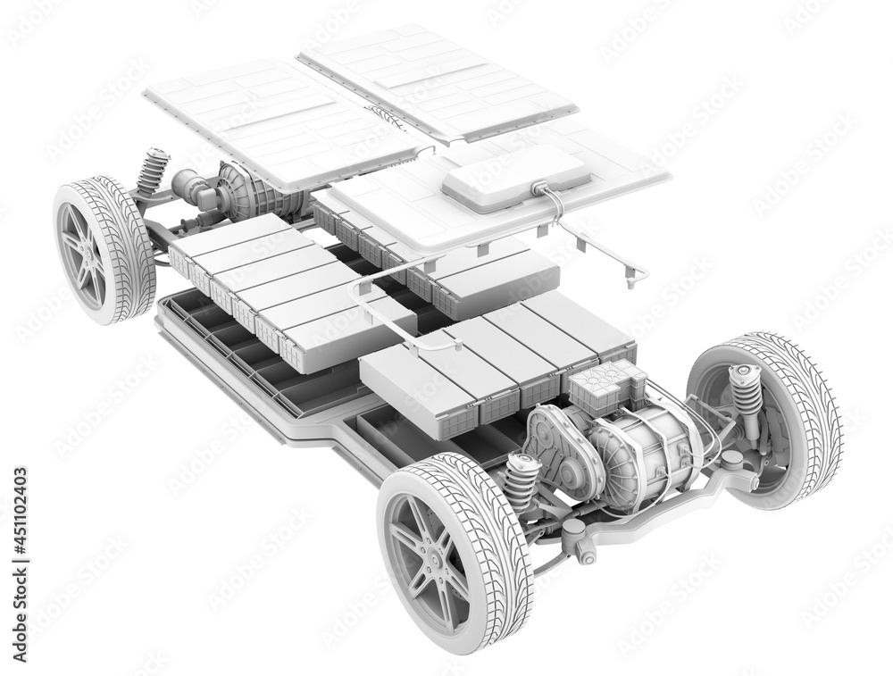 Explode view of electric vehicle chassis equipped with battery pack ...