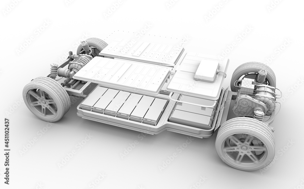Explode view of electric vehicle chassis equipped with battery pack ...