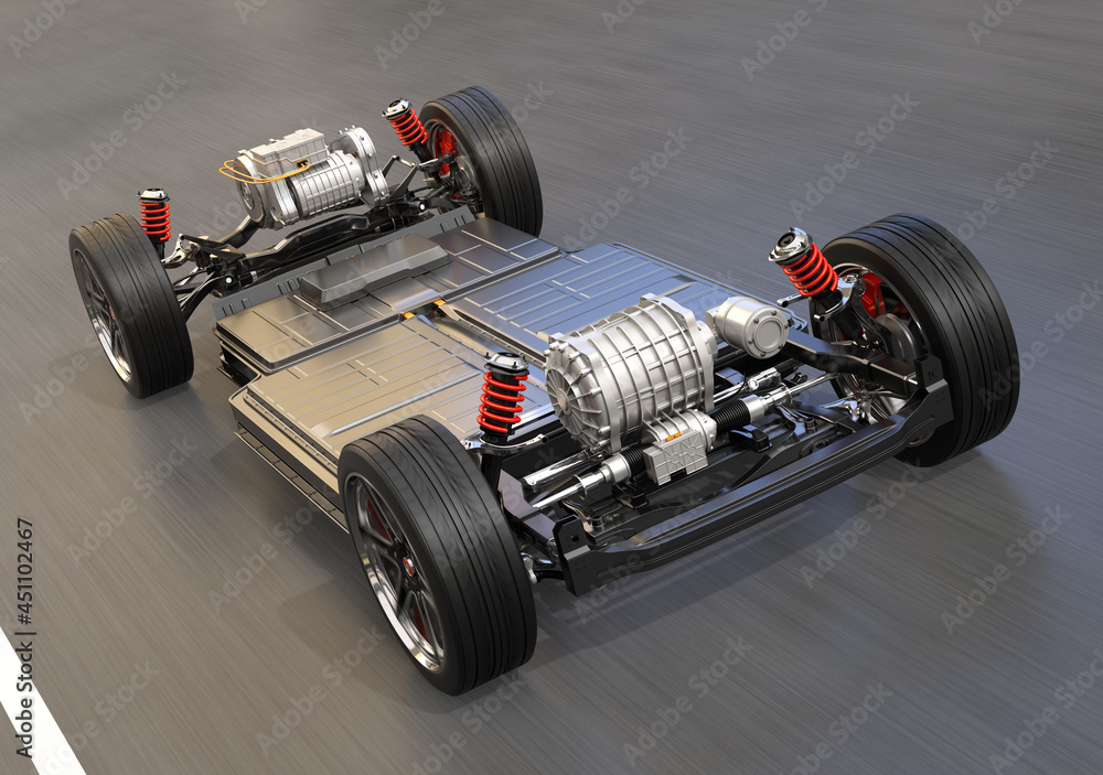 Electric vehicle chassis equipped with battery pack driving on the road ...