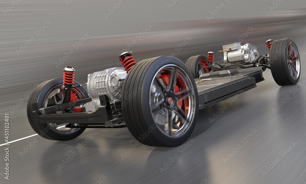 Electric vehicle chassis equipped with battery pack driving on the road ...