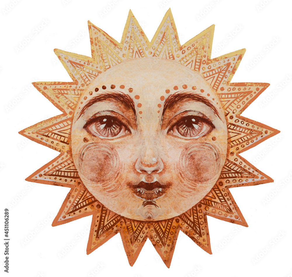 Watercolor sun with face, cute mystical watercolor drawing for ...