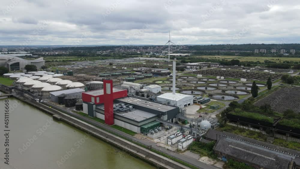 Crossness Sewage treatment works on river Thames Kent UK Aerial footage ...