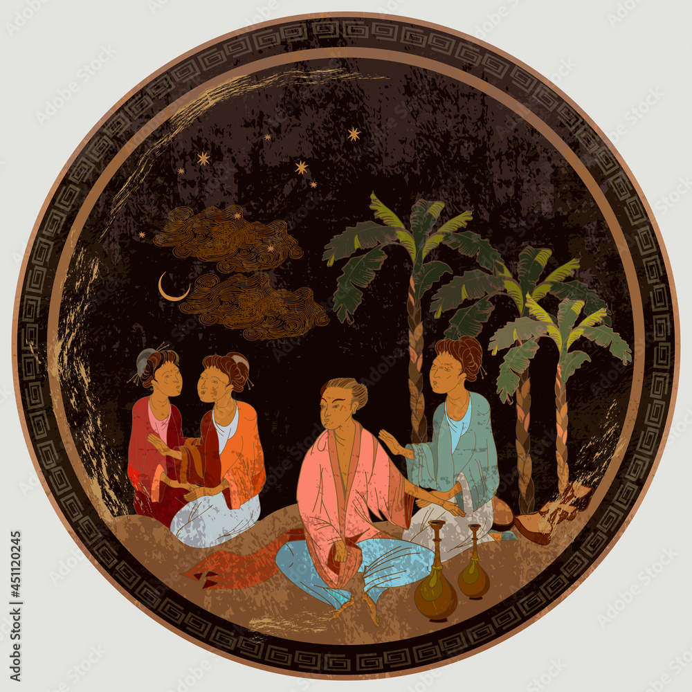 Ancient China. Oriental people. Tea ceremony. Murals and watercolor ...