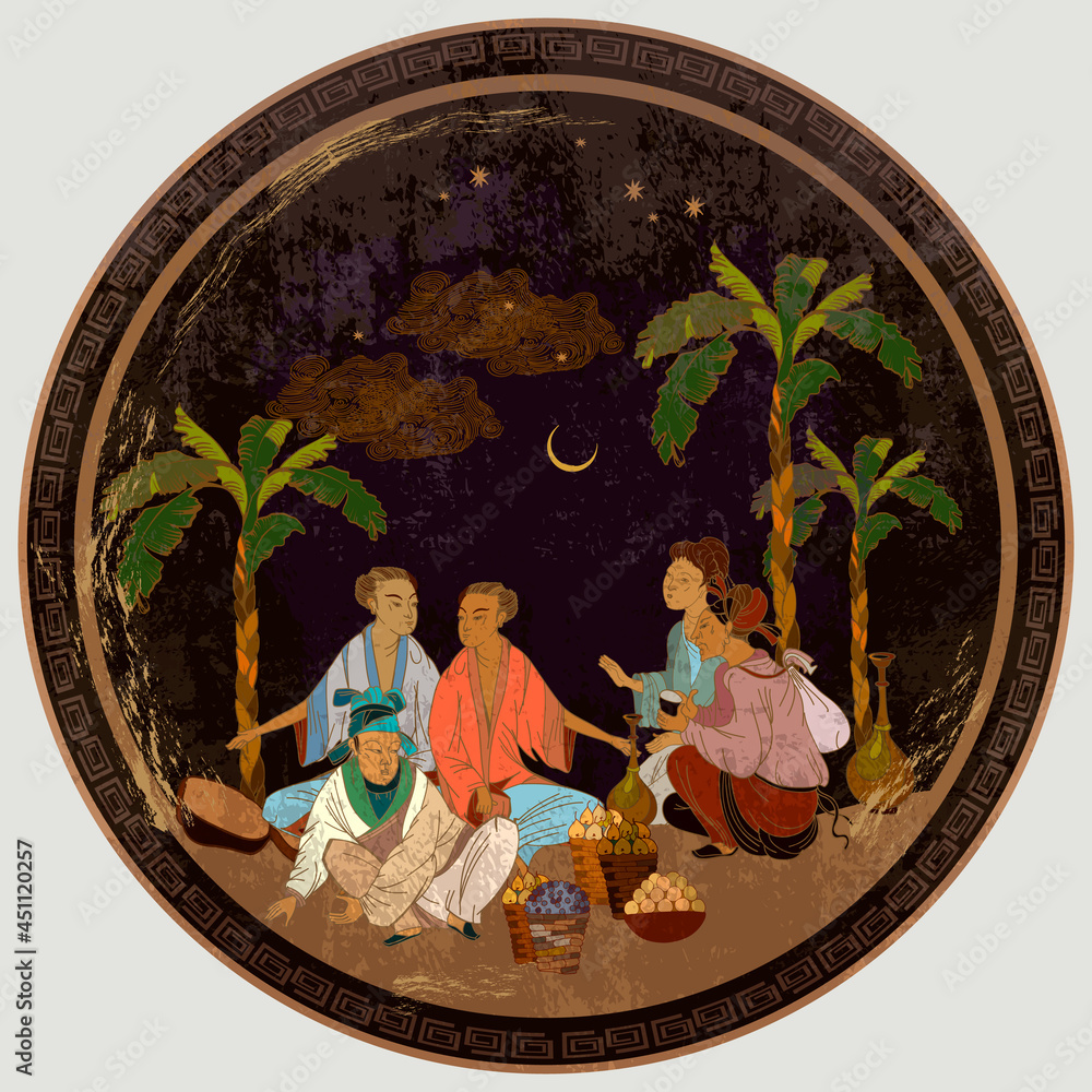 Classic wall drawing. Murals and watercolor asian style. Hand-drawn ...