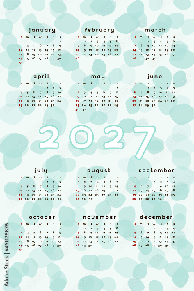 2027 calendar template. Vertical format teal blue green abstract ...