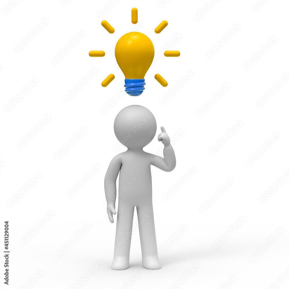 3d man points to a lightbulb over his head. Stock Illustration | Adobe ...