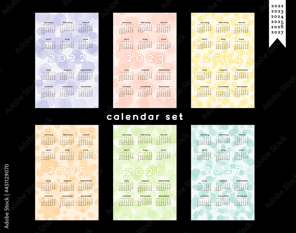 2022 2023 2024 2025 2026 2027 calendar set. Multicolor playful ...
