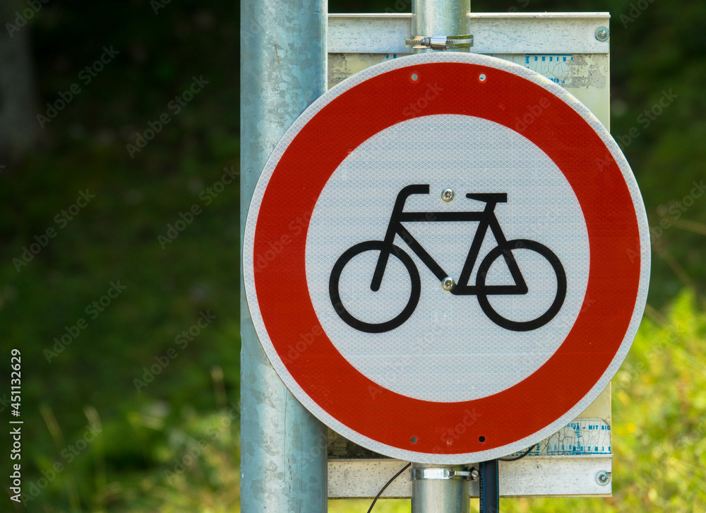 Universal sign for No Cycling, shown as a black bicycle symbol on a ...