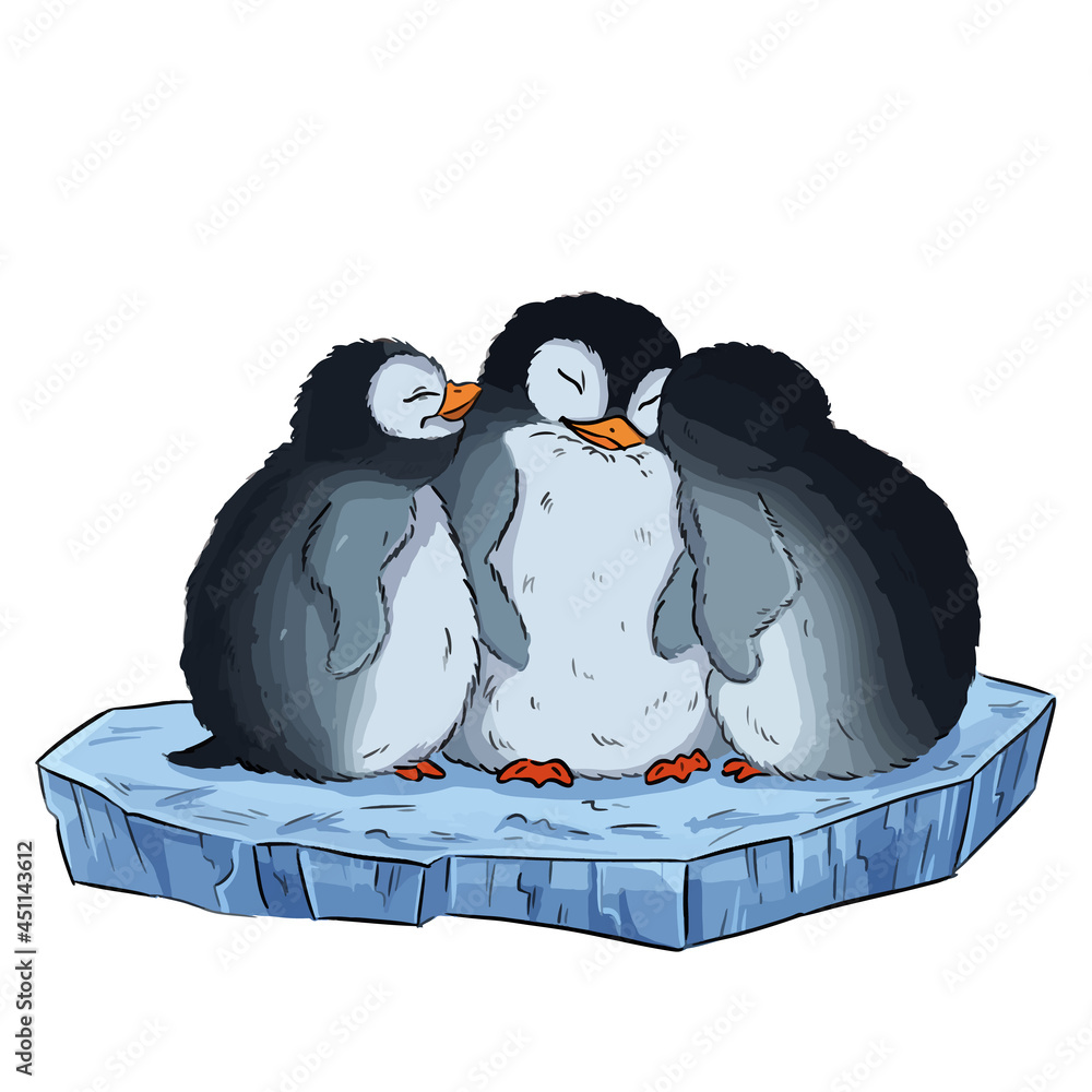 Cartoon illustration of a cute three baby penguins on ice floe. Vector ...