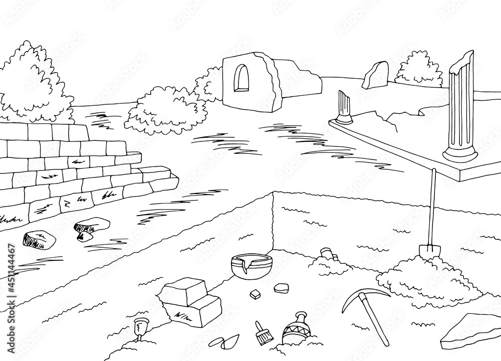 Archaeology excavations ruin graphic black white landscape sketch ...