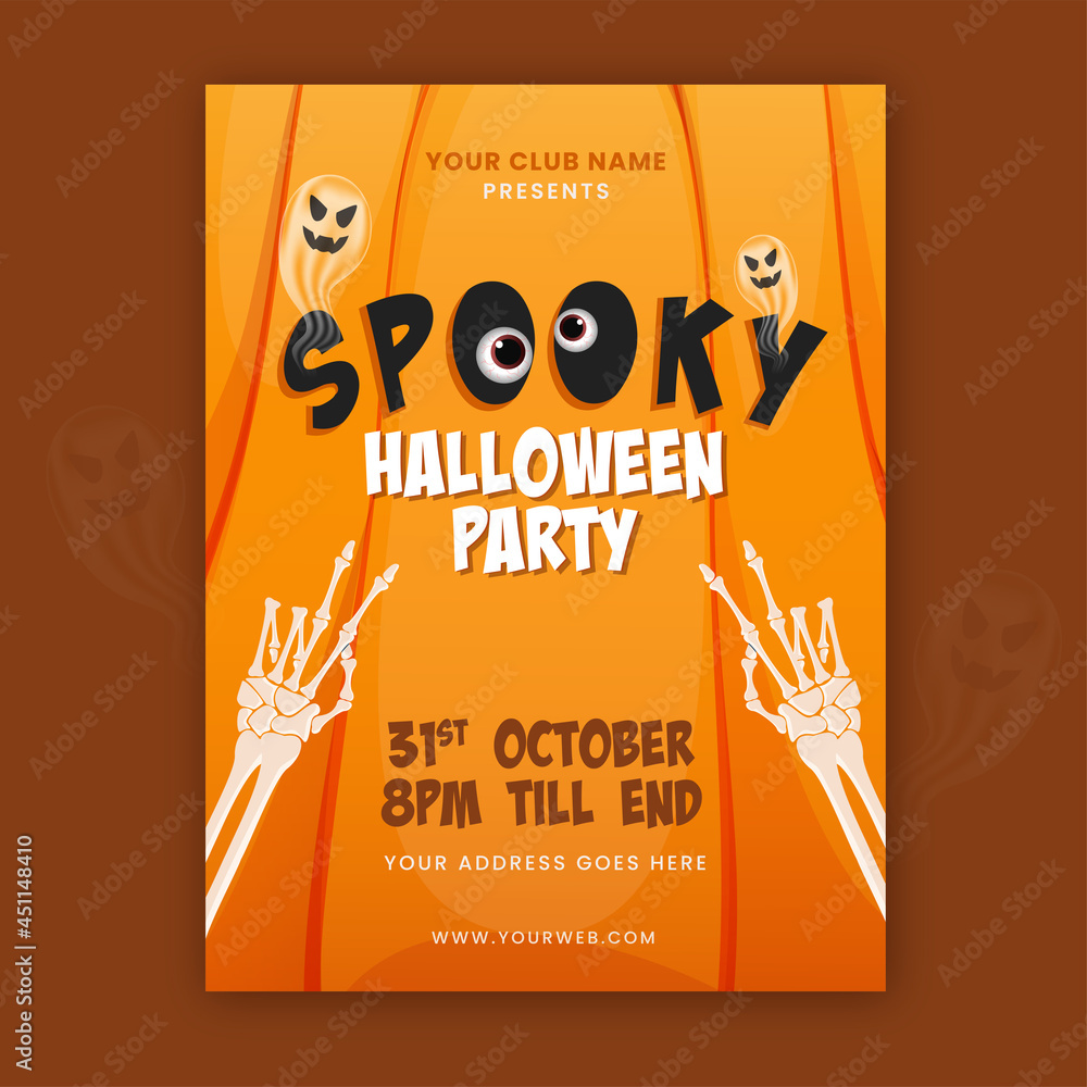 Spooky Halloween Party Flyer Design With Skeleton Hands, Ghost And ...