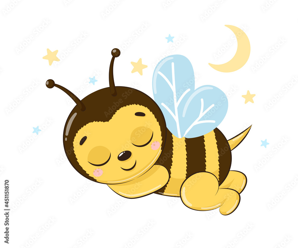 Honey bee is sleeping and smiling.Cartoon vector illustration. Stock ...