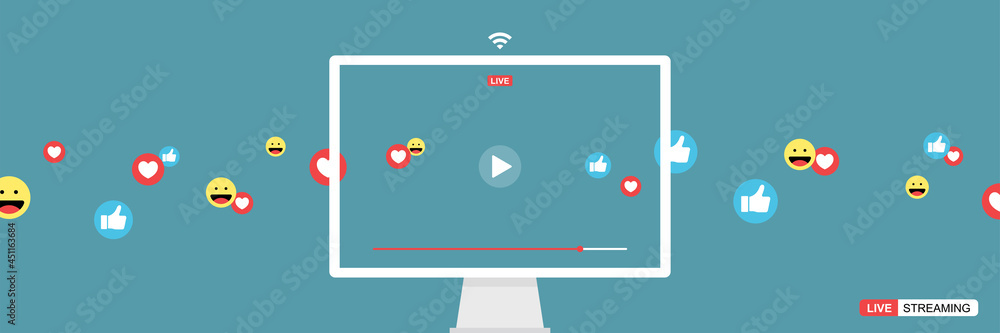 computer display screen with online live streaming, video player ...