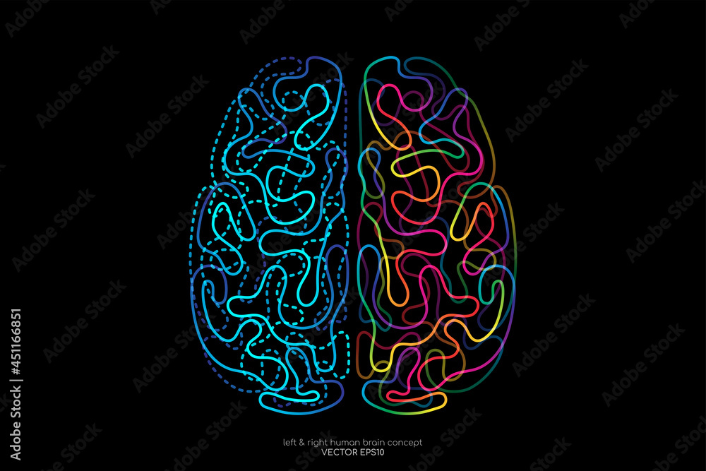 Left right human brain concept. Vector illustration colorful light line ...