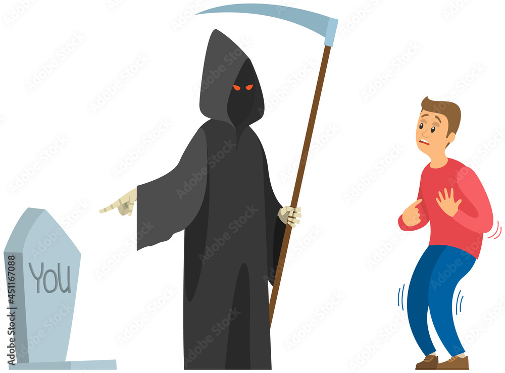 Male character suffering from fear of death near skeleton in hoodie ...