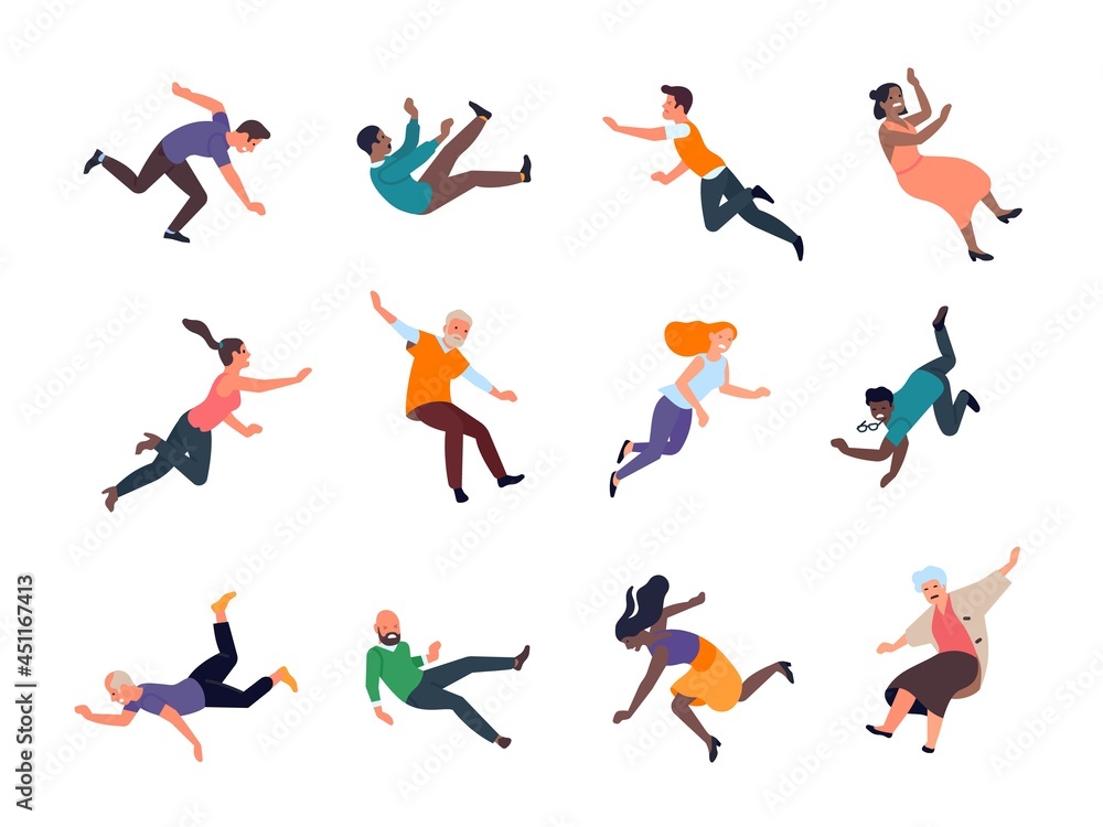 Falling people. Stumbling and slipped women and men different poses ...