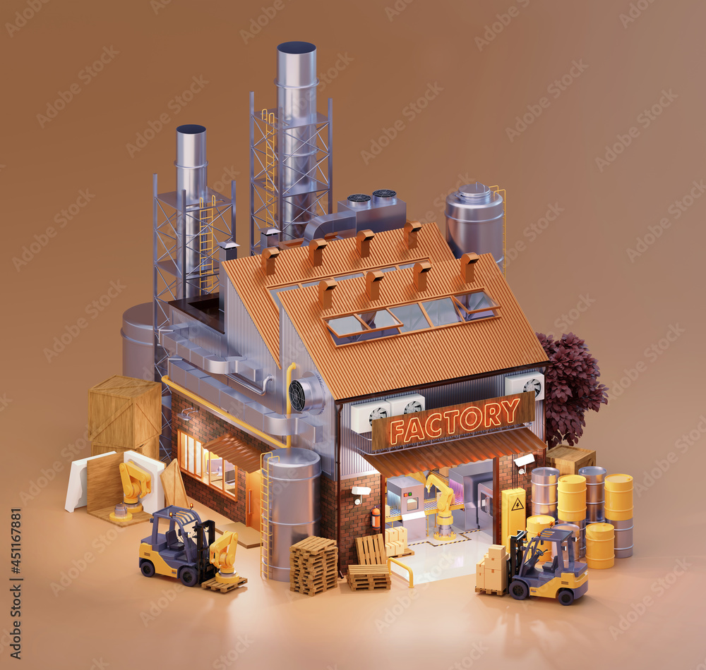Factory building with robots and conveyor. Plant with smokestack, air ...