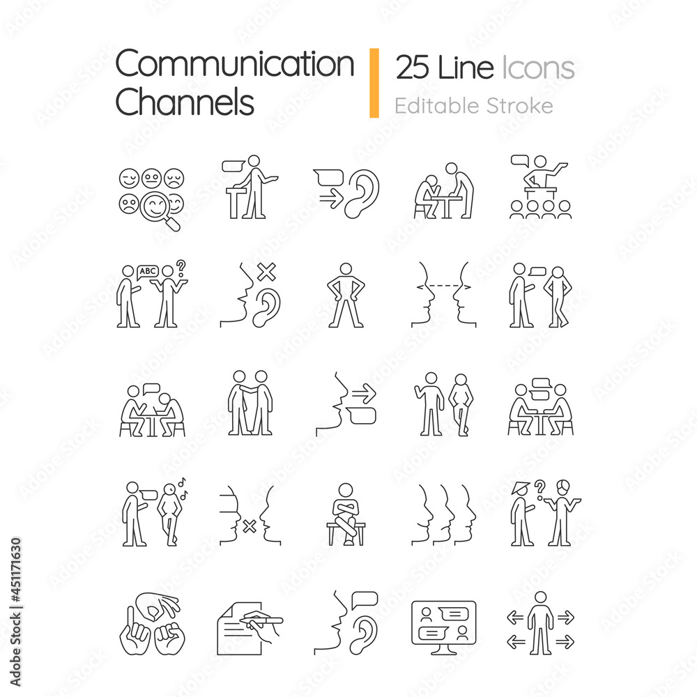 Communication channel linear icons set. Body language. Language ...