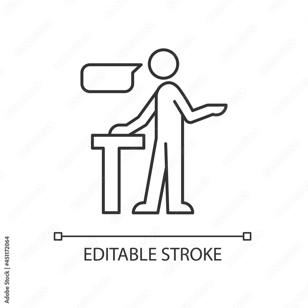 Confident speaking linear icon. Assertive public speaker. Expressing ...