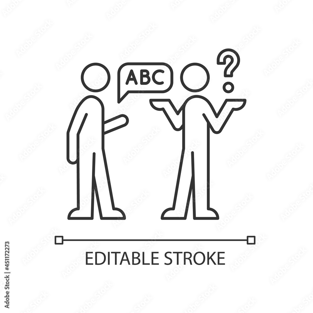Language barriers linear icon. Breakdown in communication. Speaking ...