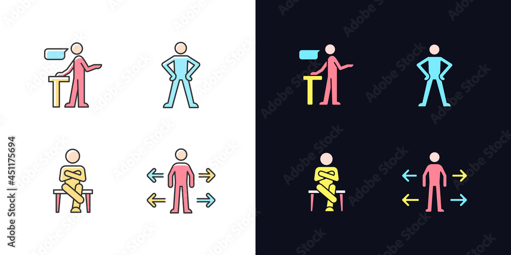 Communication skills light and dark theme RGB color icons set ...