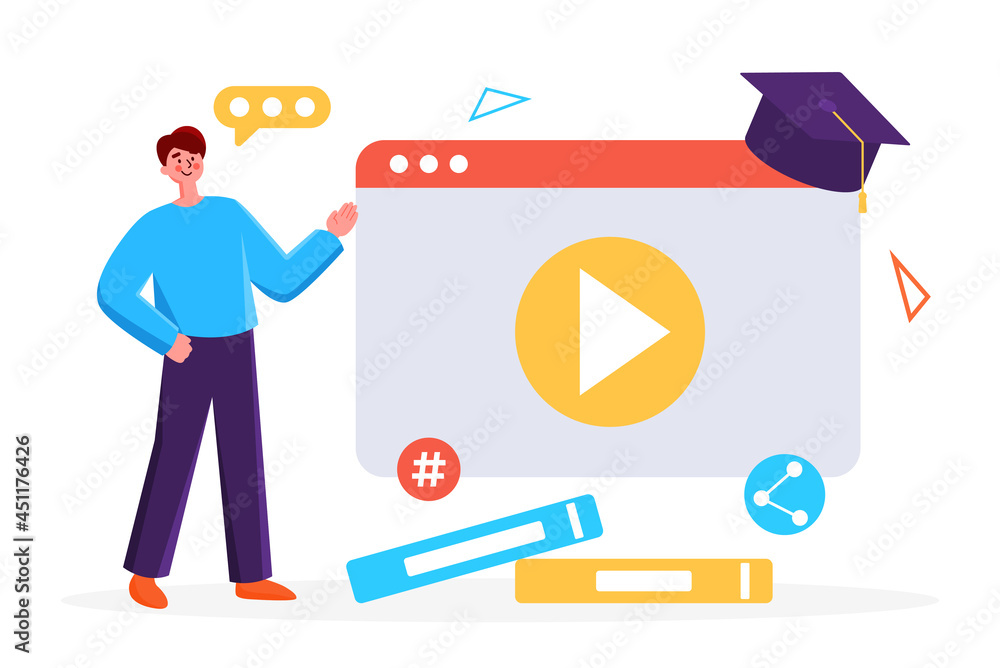 Online learning concept. Young happy man and woman, standing without ...