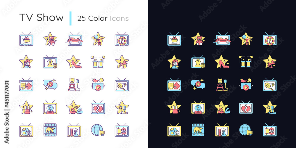 TV show light and dark theme RGB color icons set. Television ...