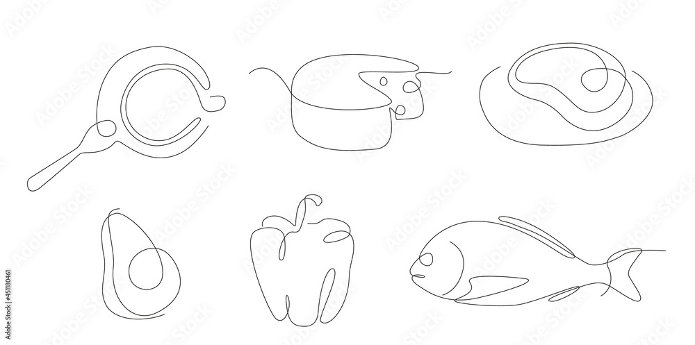 One line food Set. Continuous line meal. meat, cheese and fish ...