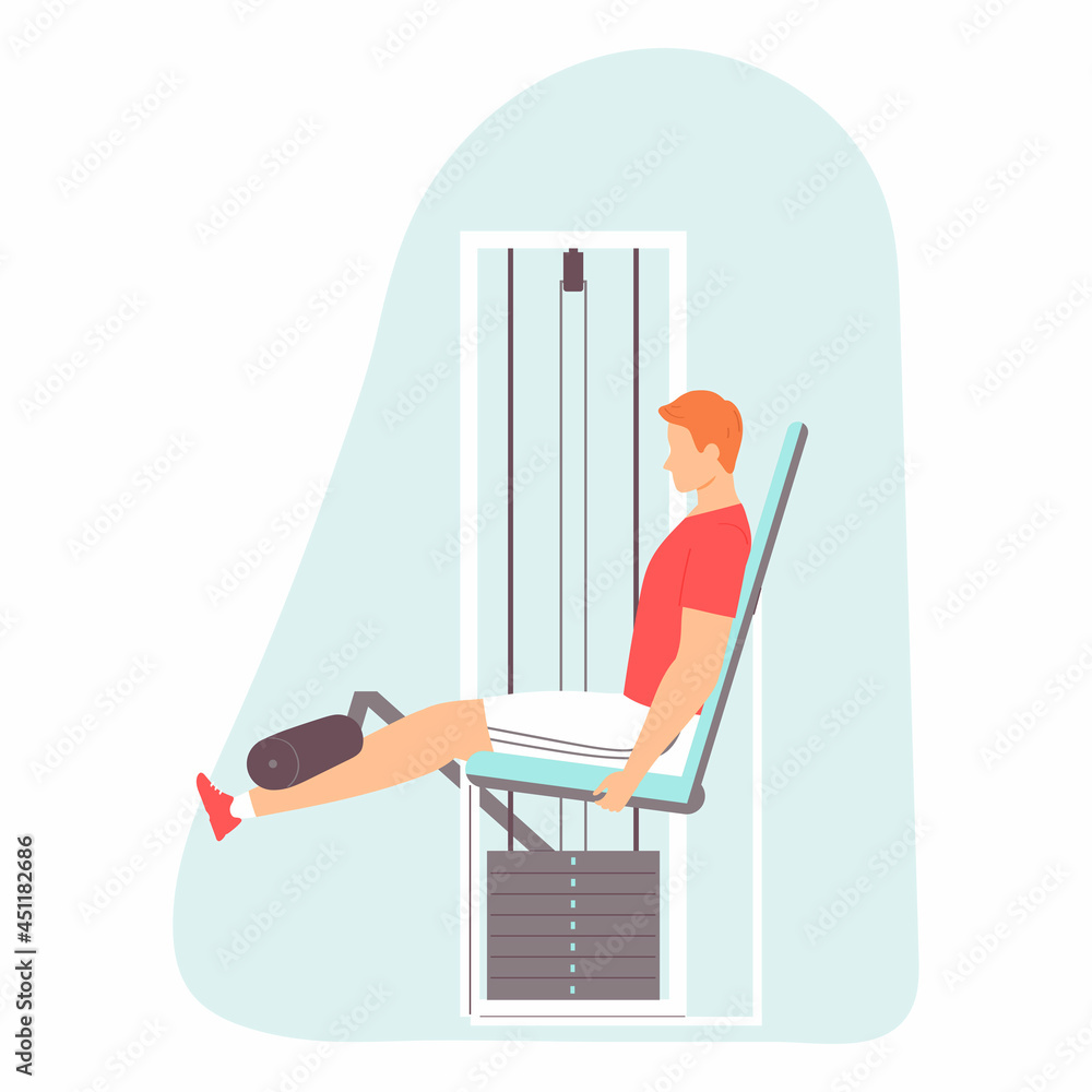Young man doing leg extension in a sports simulator. Exercise machine ...