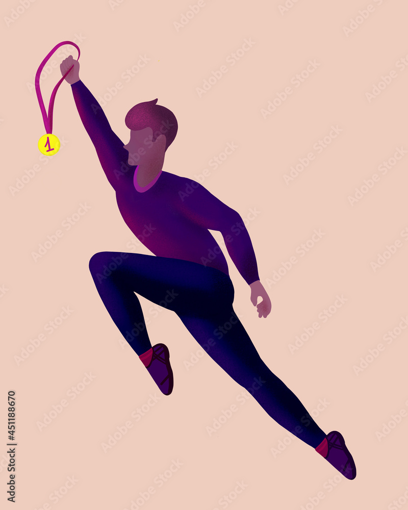 Young guy won, holds a medal in his hand, a symbol of victory in sports ...