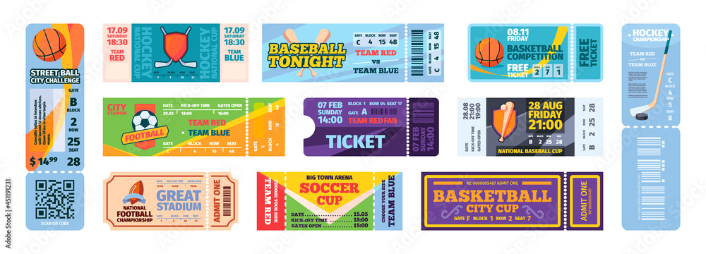 Sport event tickets. Flyer invitation for action sport games baseball ...