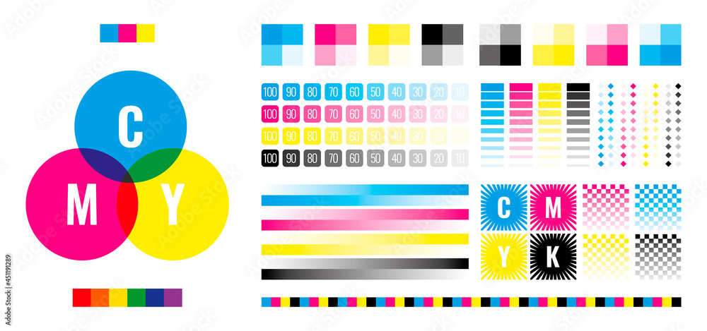 Cmyk bars. Printing house press registration testing colors marks ...