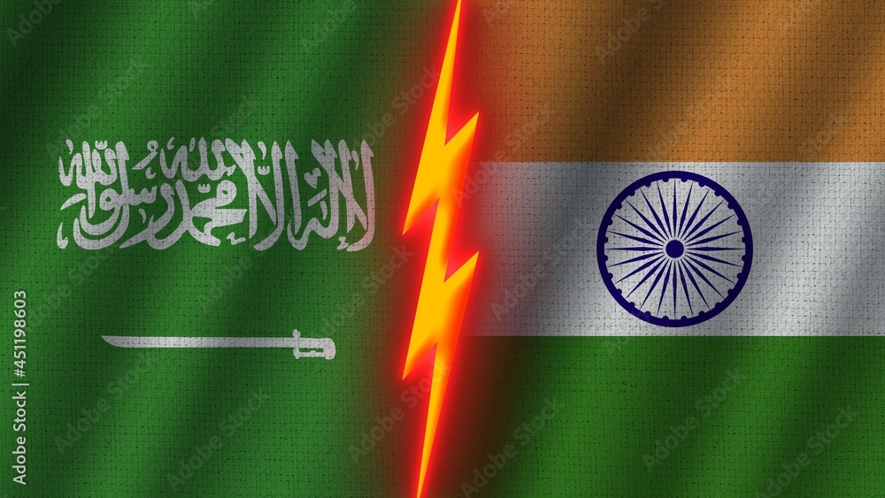 India and Saudi Arabia Flags Together, Wavy Fabric Texture Effect, Neon ...