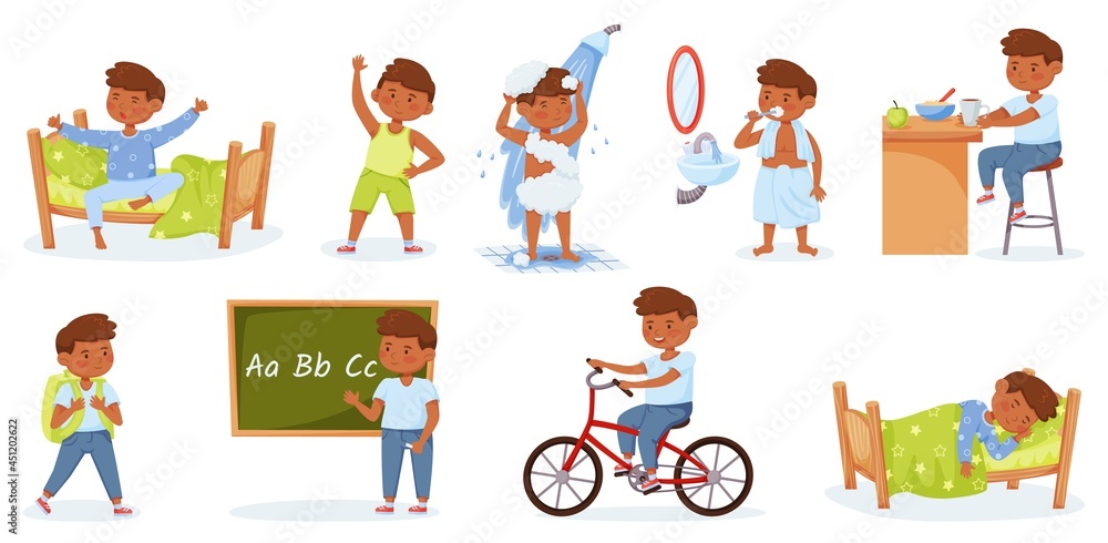 Cartoon little boy daily routine morning and evening activities. Happy ...