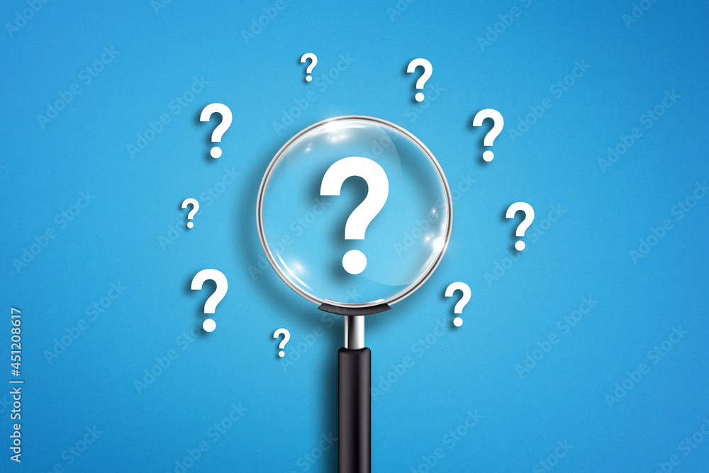 Magnifying glass and question mark on blue background Stock Photo ...