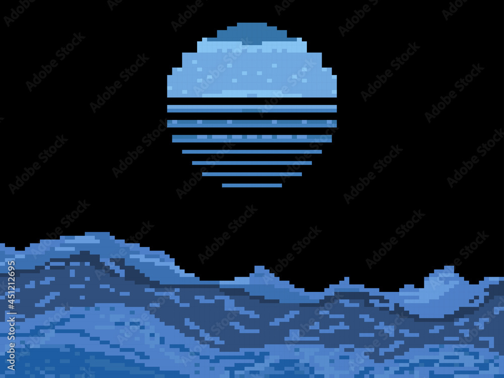 Pixel night sea with retro moon. Full moon over the ocean. Retro 8-bit ...
