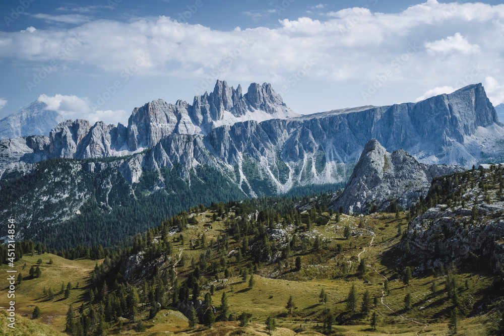 View over Passo di Giau Mountains, Croda da Lago, Formin of Europe Alps ...