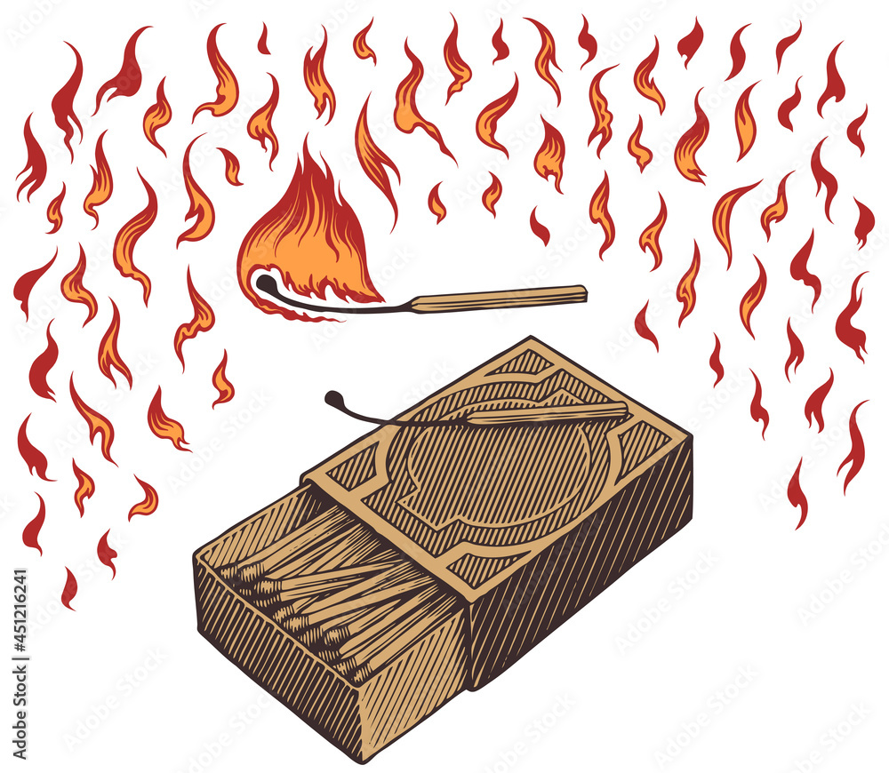 Matches and flames. Design set. Editable hand drawn illustration ...