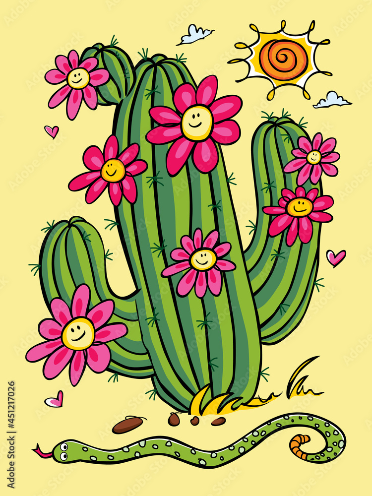 Vector cute cartoon cactus illustration with happy daisy flowers and ...