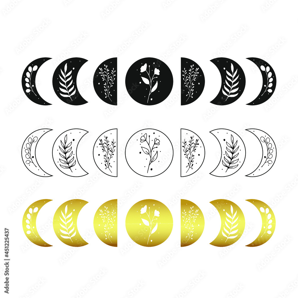 Moon phases with floral. Bohemian phases of the moon illustration ...