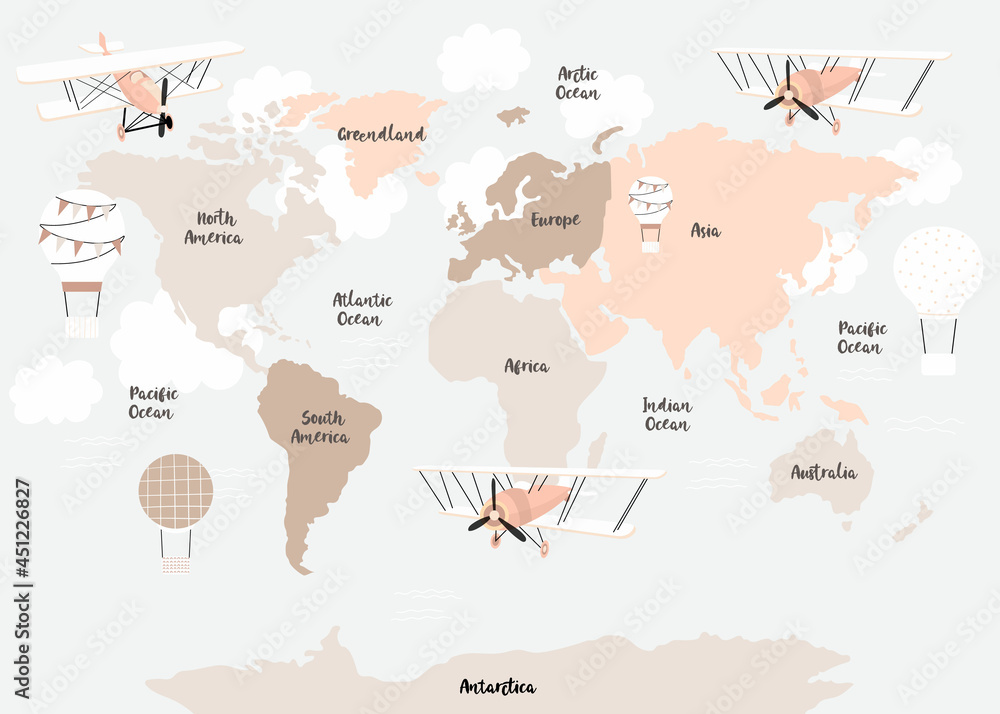 Vector world map for kids with cute cartoon planes and air balloons ...