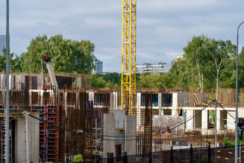 Pit construction site with formwork and reinforcement. Steel ...