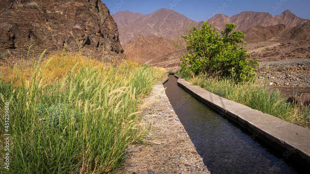 The traditional falaj irrigation system in the mountain village of Al ...